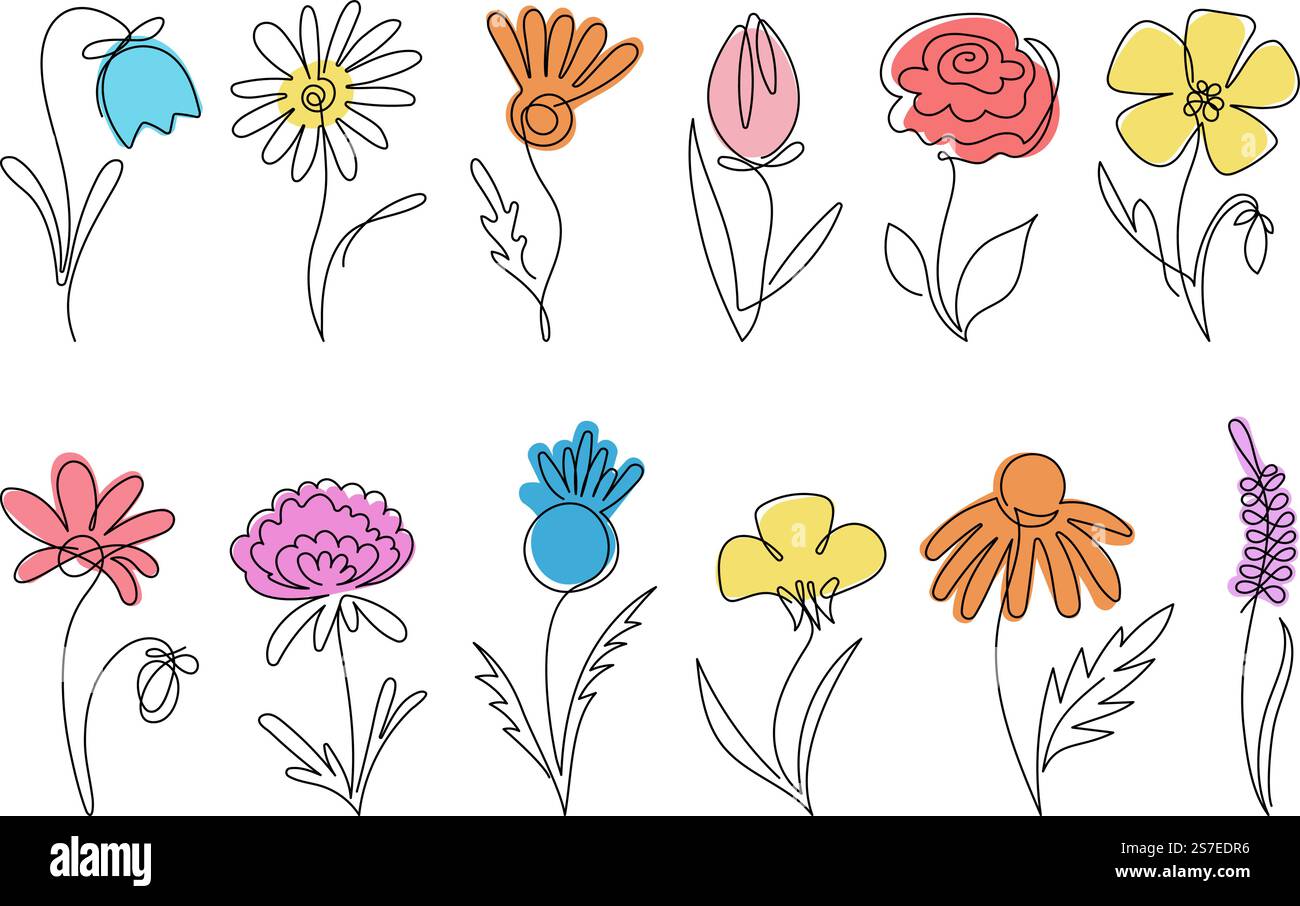 One line flowers. Continuous lines minimalist flower elements. Artwork ...