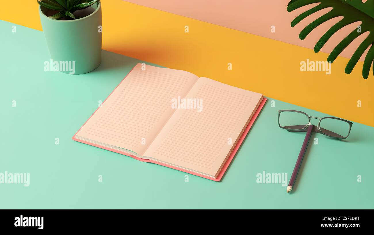 Opened accounting ledger displayed on a pastel tan desk with office ...