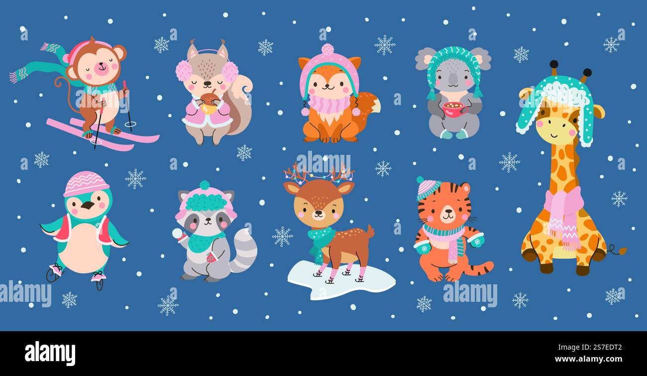 Winter animal characters. Holiday cute animals wear scarf and hats ...