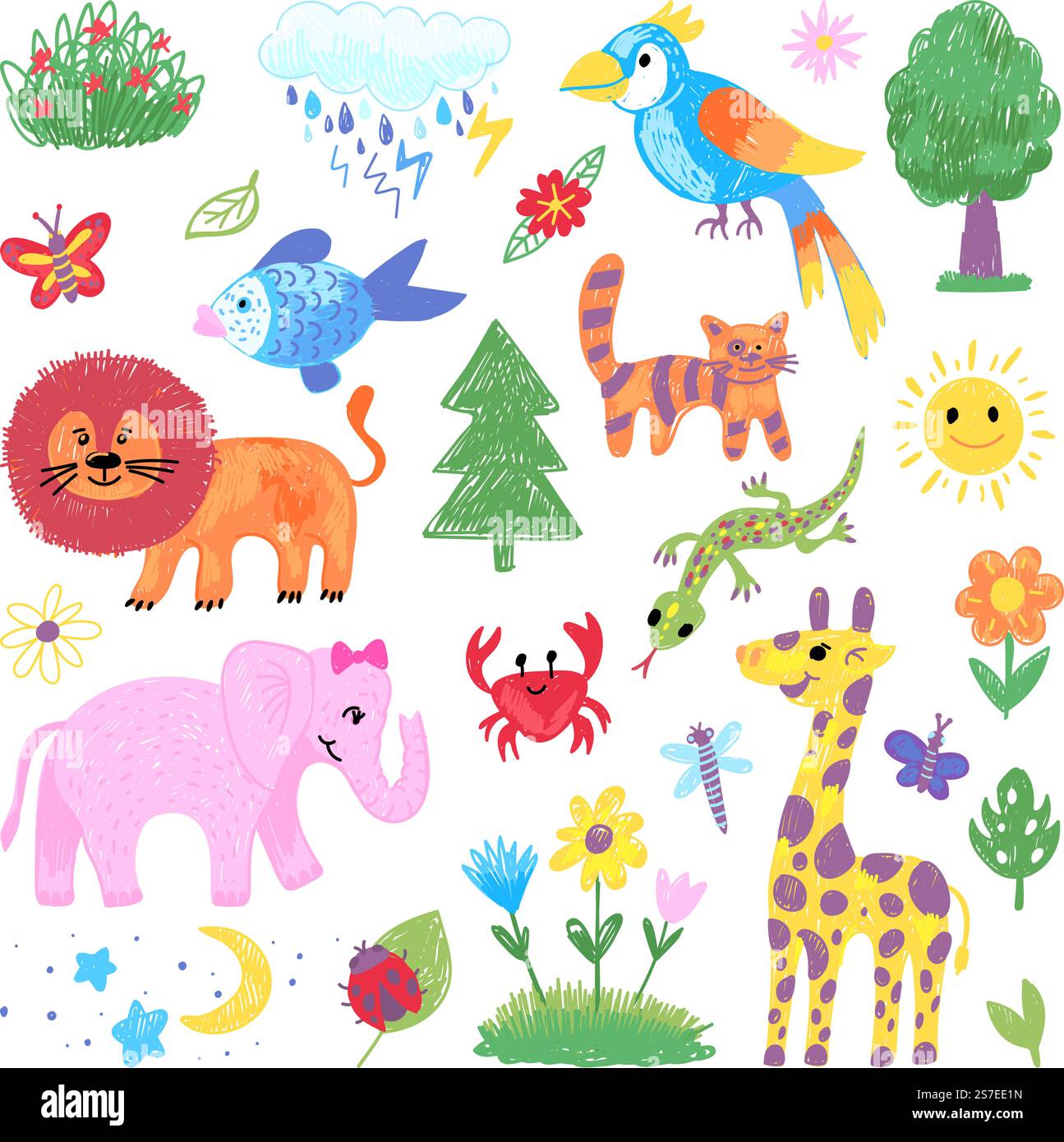 Kids pencil drawing. Child crayons design, children drawings color ...