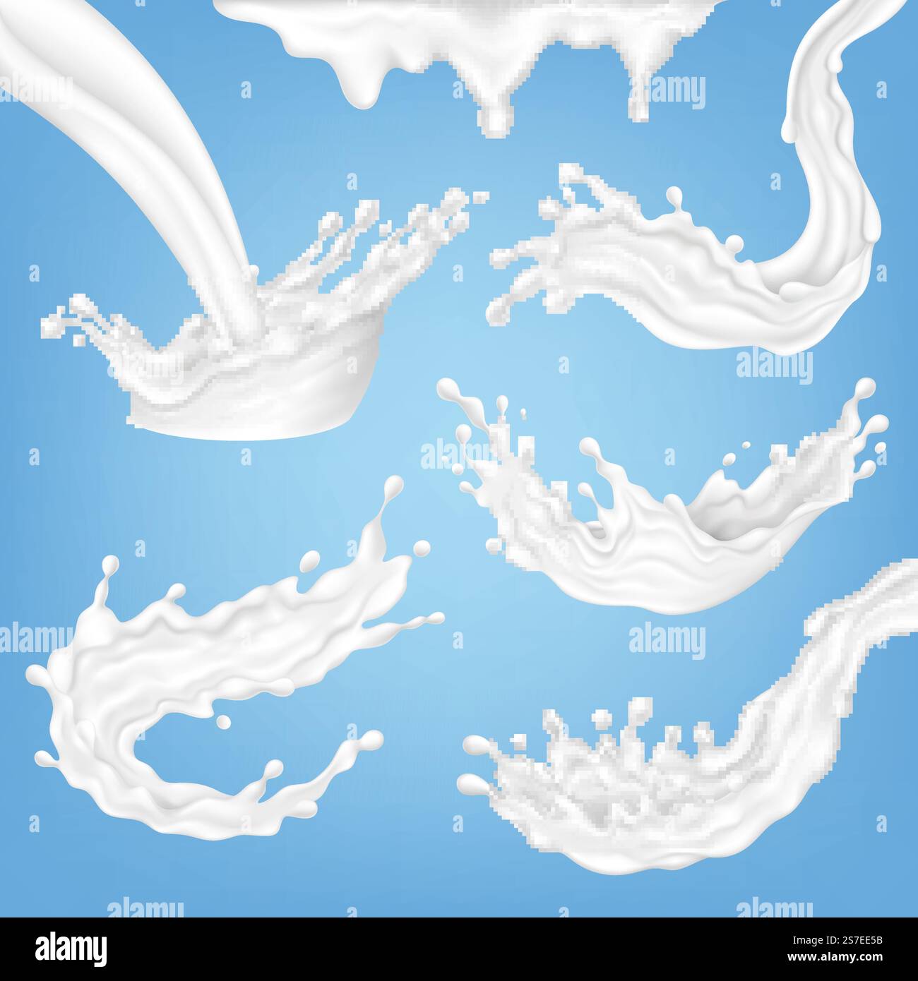Milk realistic splatter and splashes. Isolated white liquid drops ...