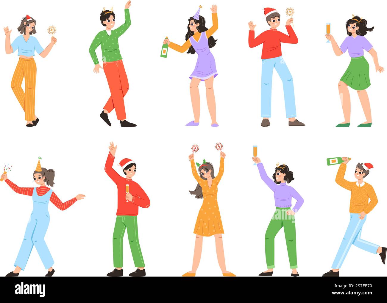 Happy christmas party characters. Xmas people with drinks, confetti and ...