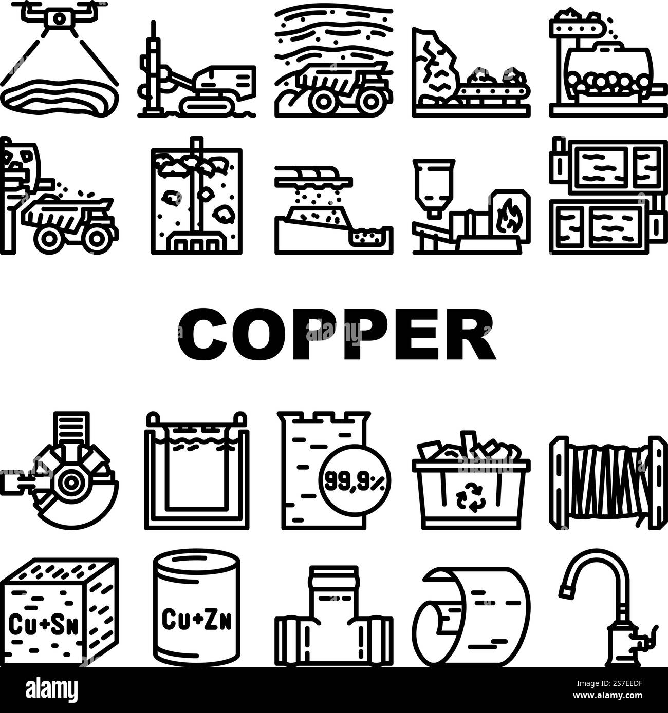 copper production industry metal icons set vector. equipment technology ...