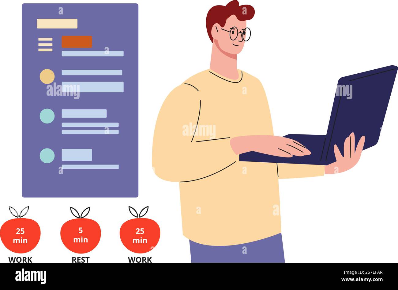 Effective time management. Man work with computer, pomodoro technique ...