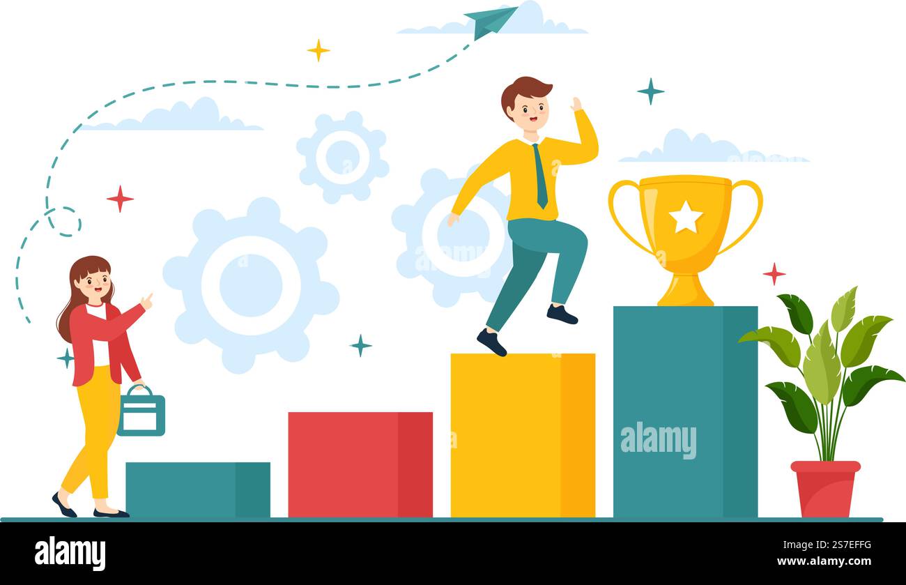 Ambition Illustration with Entrepreneur Climbing the Ladder to Success ...