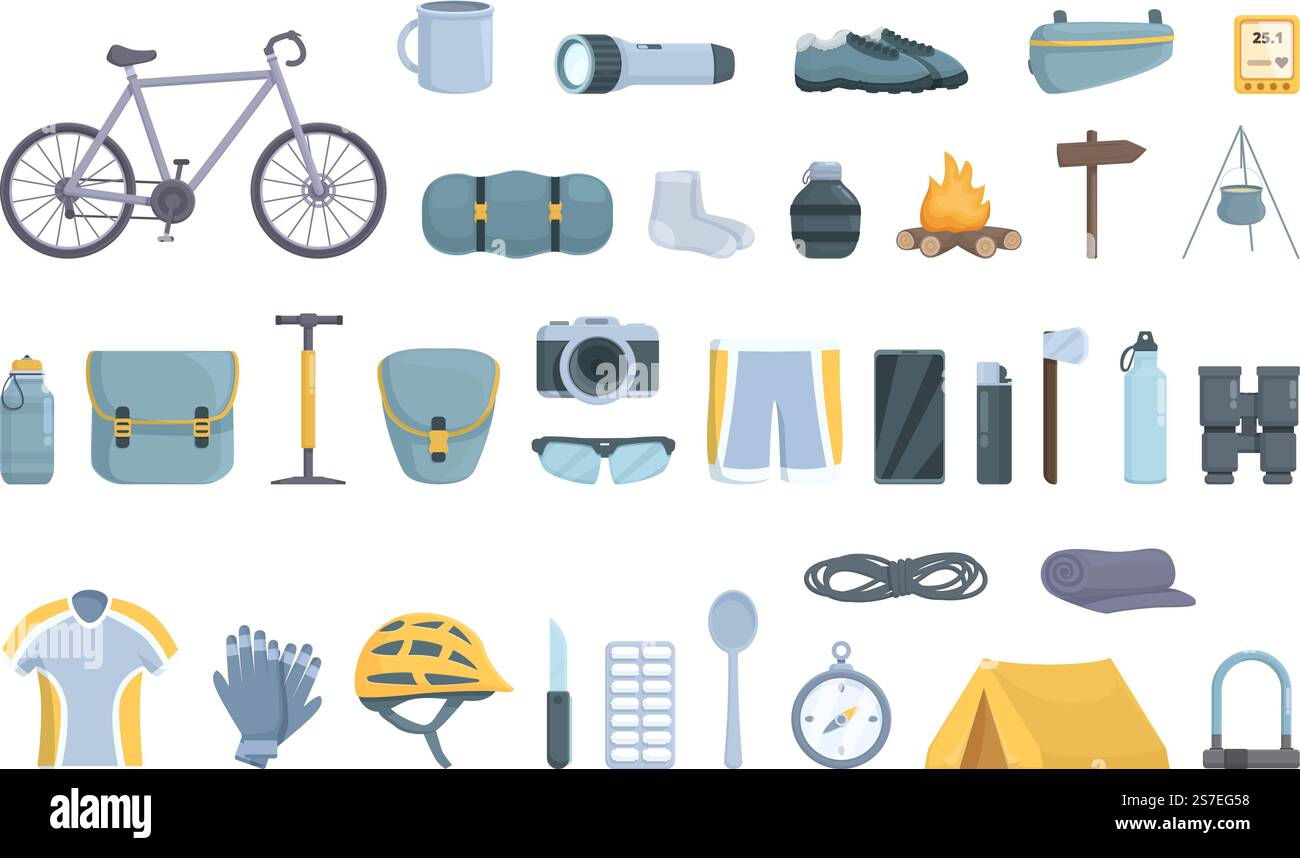 Bike trip icons set cartoon vector. Camp tool. Safety travel. Bike trip ...
