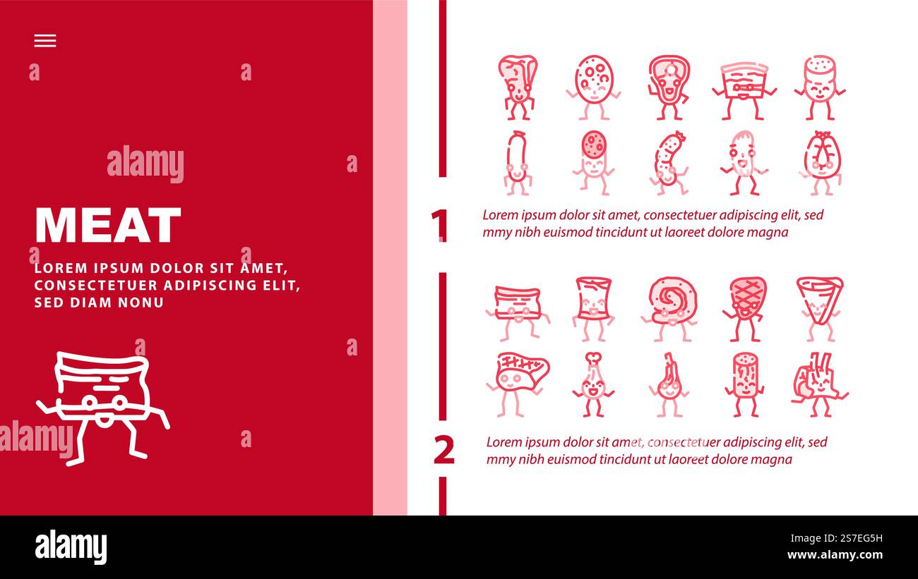 meat character food meal landing web page header vector. funny cute ...