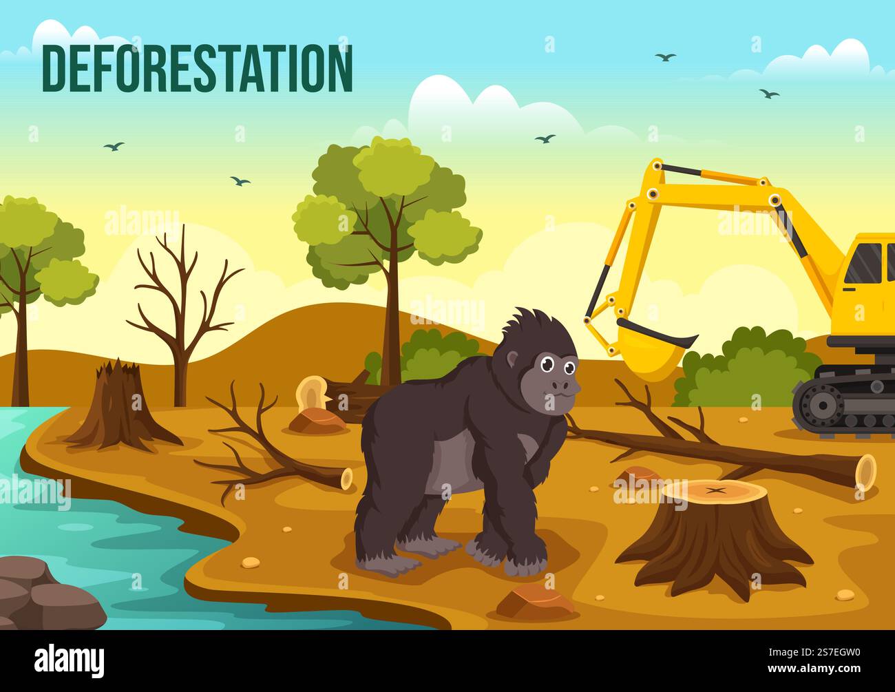 Deforestation Illustration with Tree in the Felled Forest and Burning ...