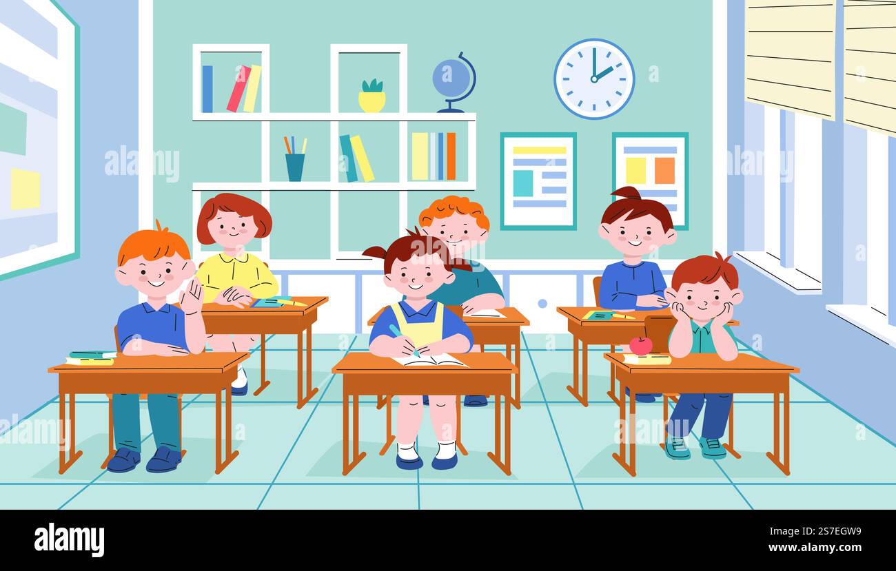 Students in classroom. Student behaviour, pupils sitting at desks on ...