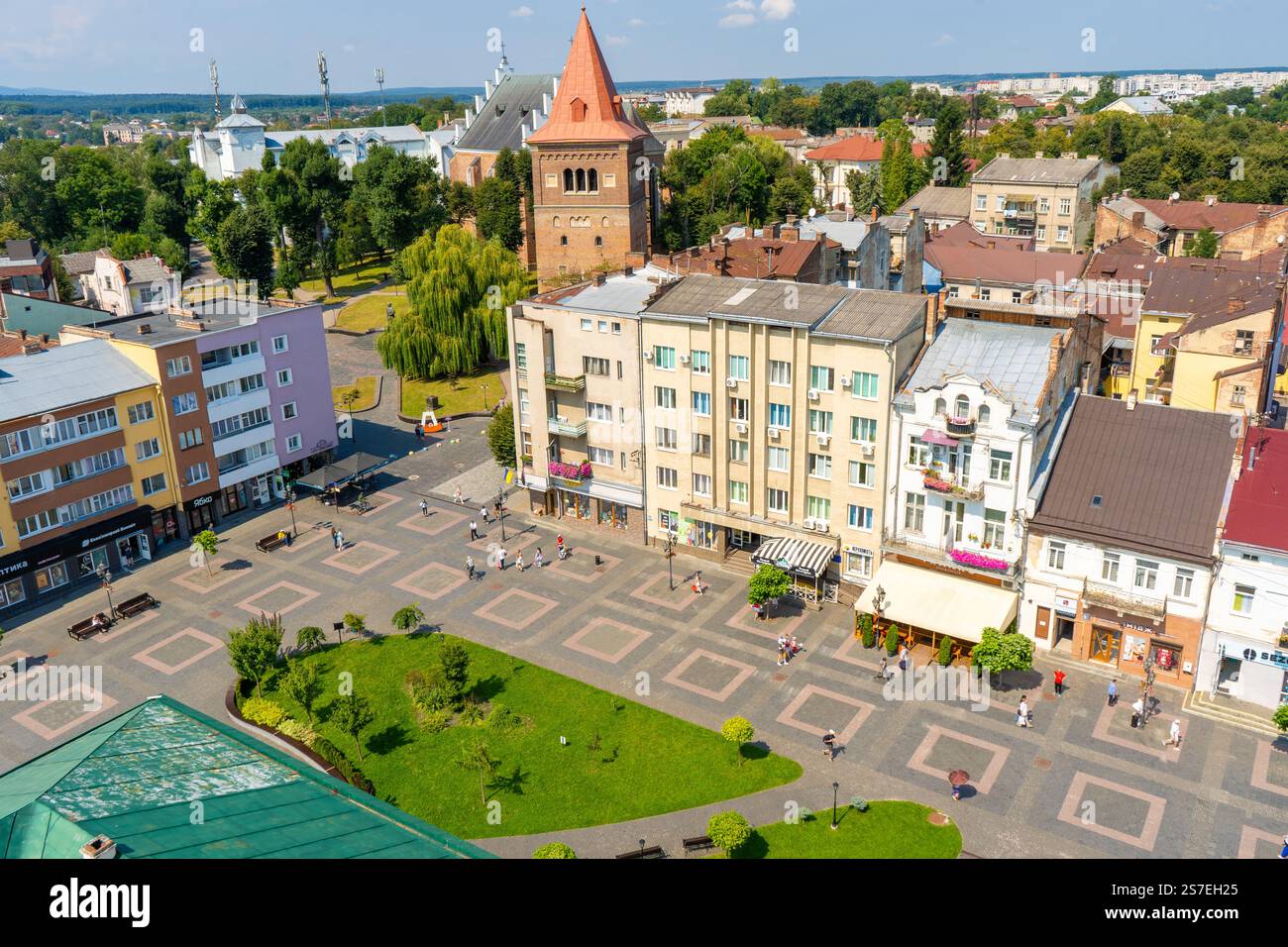 Houses and streets of the old town of Drogobich square. Roofs of ...