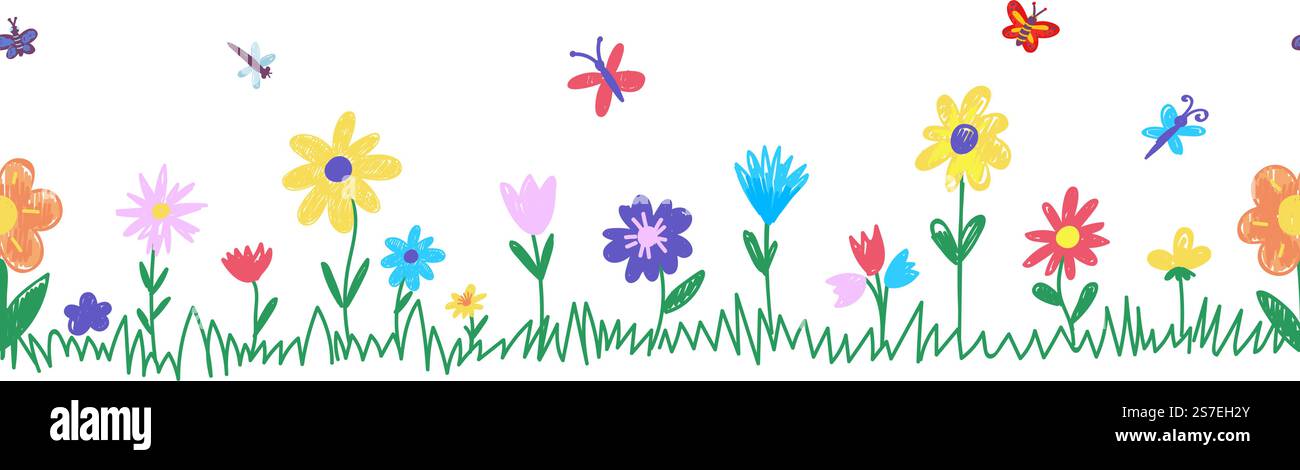 Kids painting flowers. Children hand drawing flower meadow with green ...