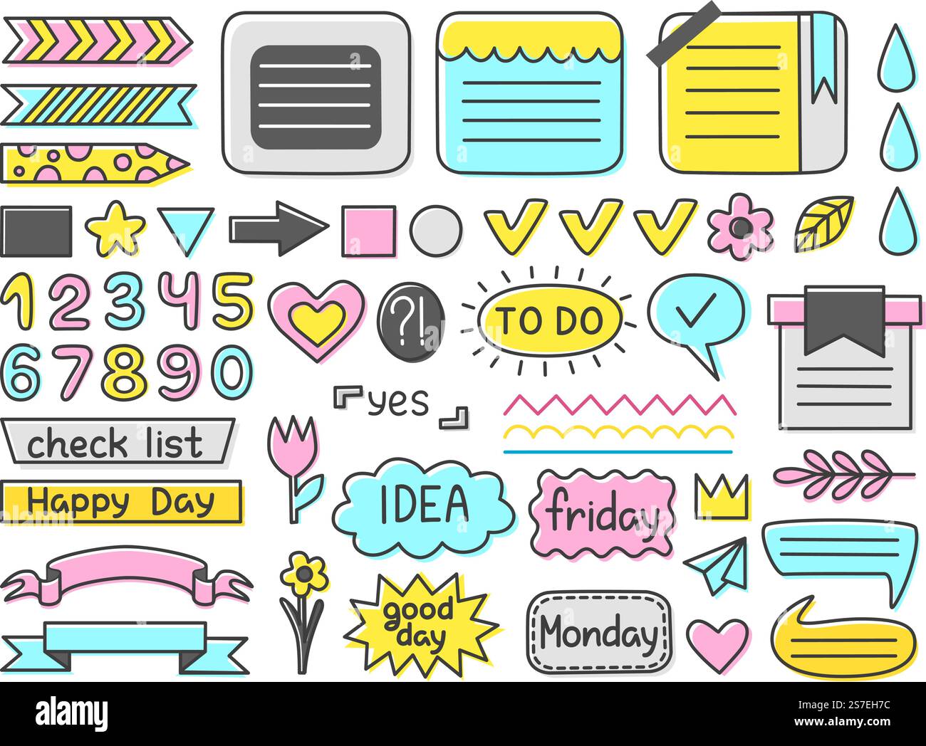 Doodle diary elements. Bullet journal cute stickers, calendar labels ...