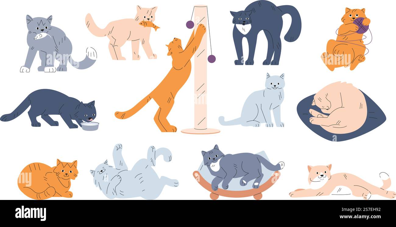 Cartoon cats characters. Cute various behavior funny cat. Fur kittens ...