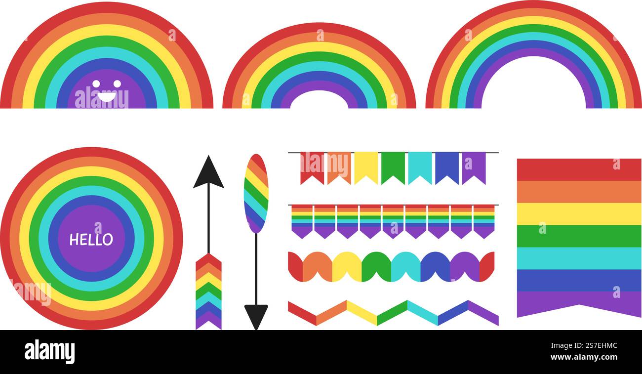 Rainbow elements collection. Flag banners, arrows, rainbows full and ...