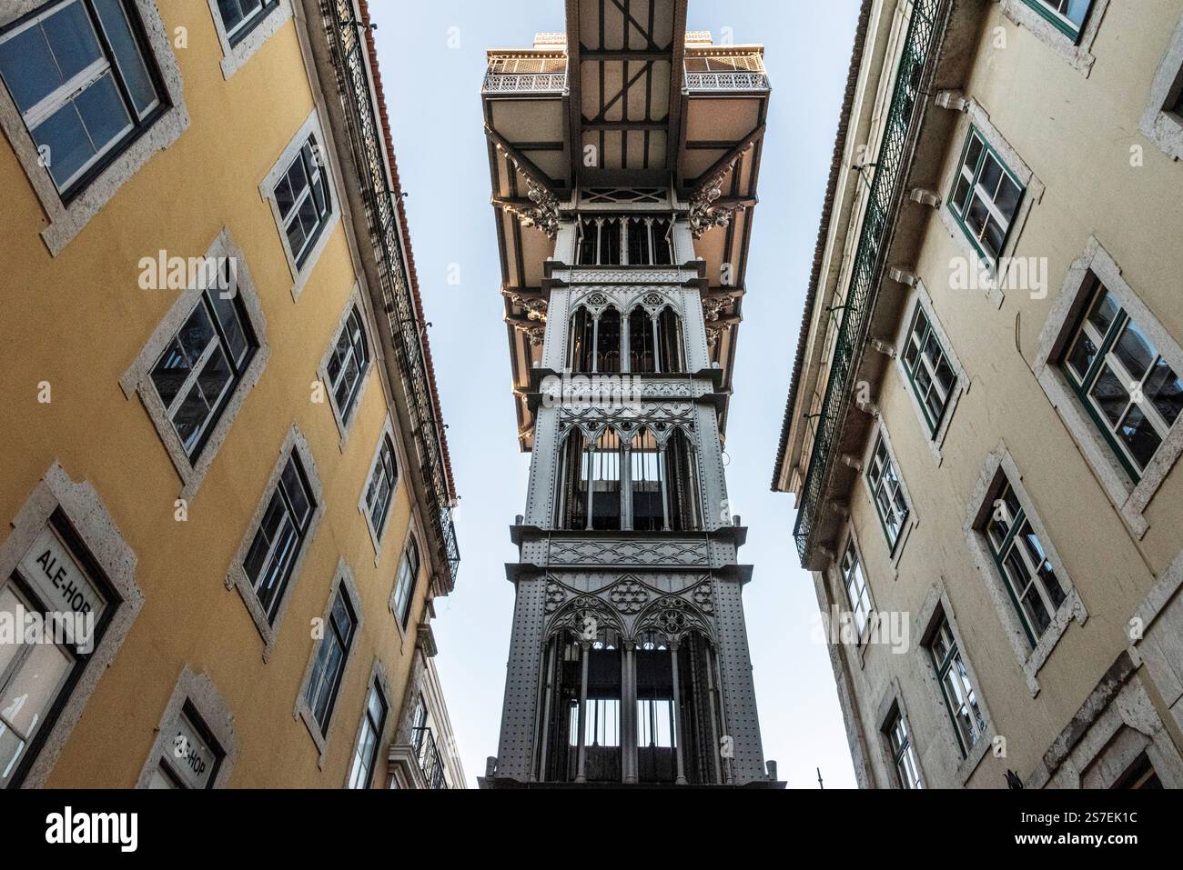 Santa Justa Lift in Lisbon, Portugal, viewed from below between ...