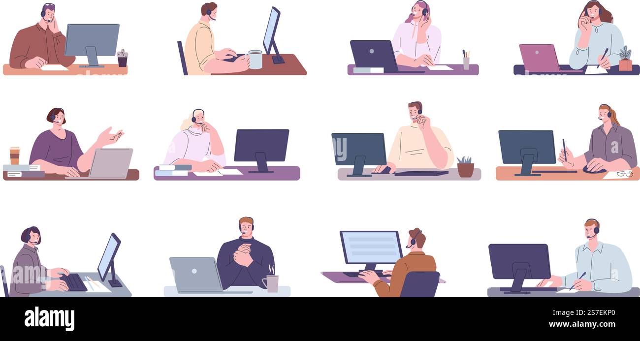 Call center worker characters. People talk, representative man or ...