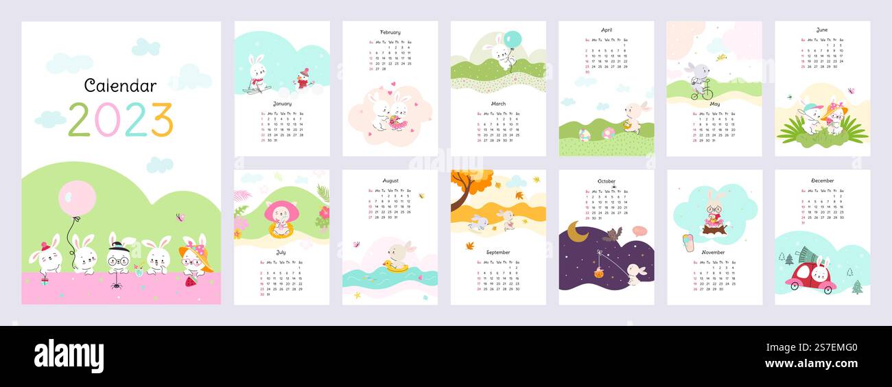 Bunny wall calendar 2023 new year. Kitchen calendars pages template ...