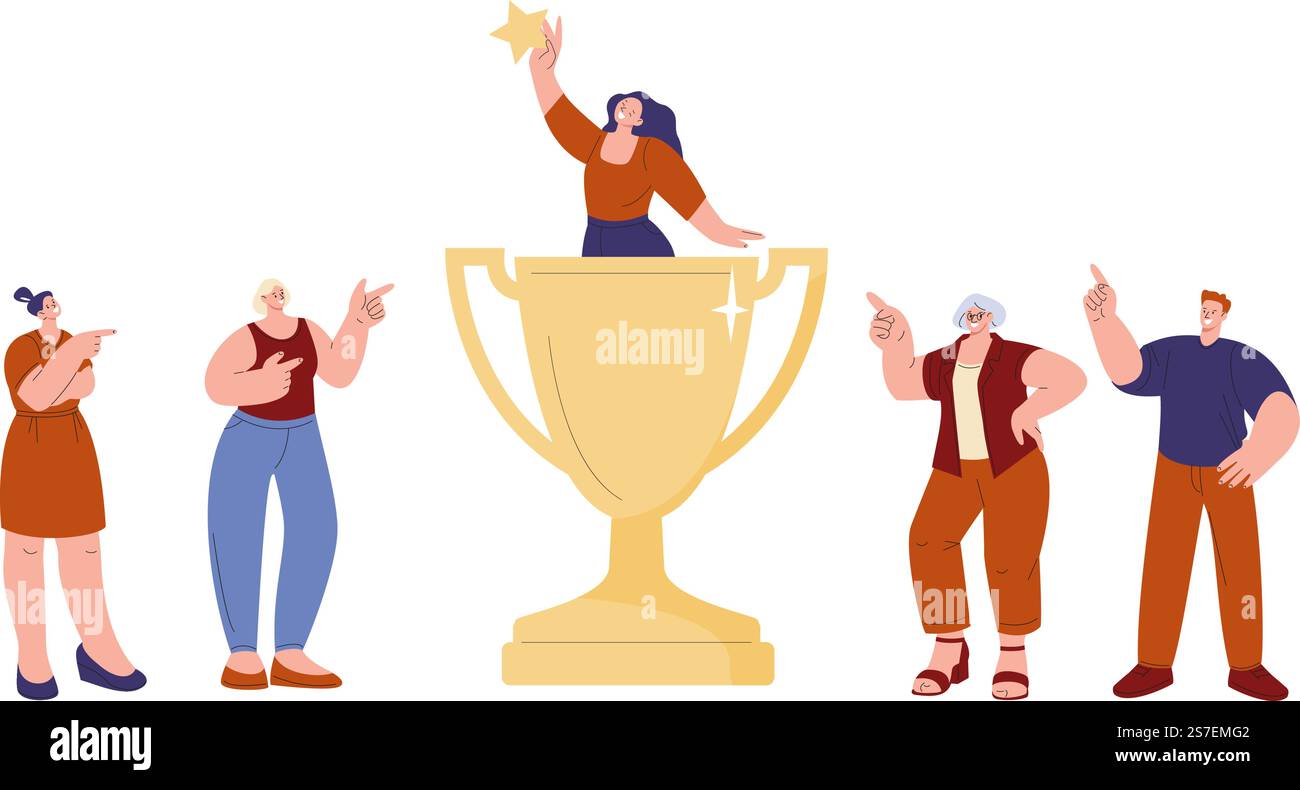 Successful female concept with girl in gold cup holding star. People ...