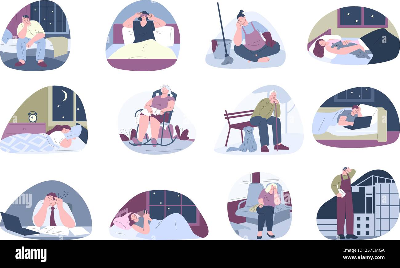 Exhausted people set. Office tired worker, sleep on working, at public ...