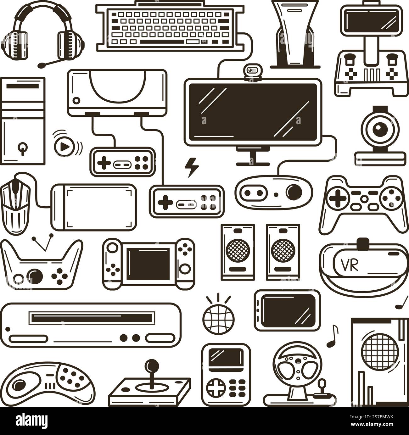 Doodle gaming elements, gamers electronics devices sketch. Computer ...