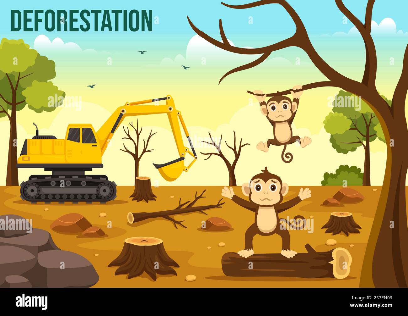 Deforestation Illustration with Tree in the Felled Forest and Burning ...