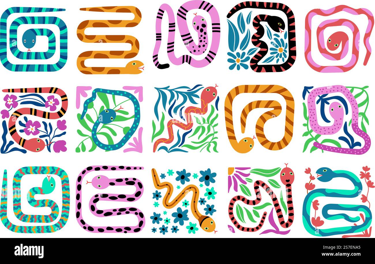 Abstract botanical snake tiles. Nature snakes and floral branches ...