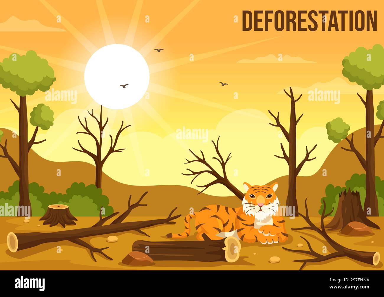 Deforestation Illustration with Tree in the Felled Forest and Burning ...