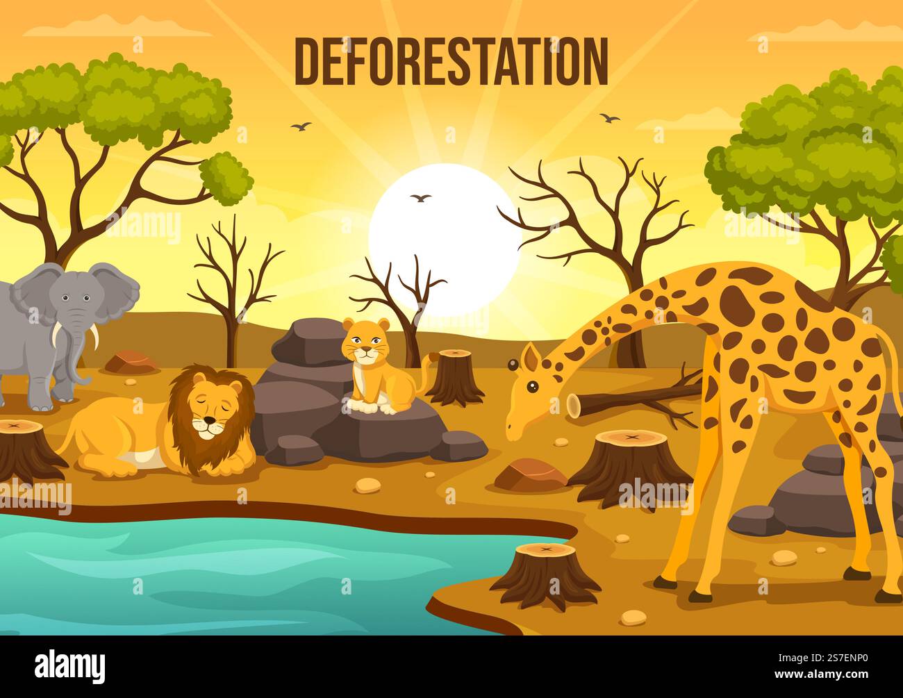 Deforestation Illustration with Tree in the Felled Forest and Burning ...