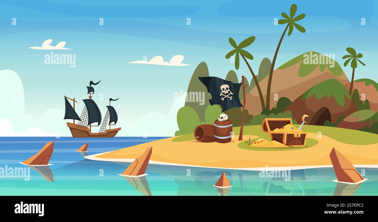 Pirate treasure background. Battleship with filibusters pirate weapons ...