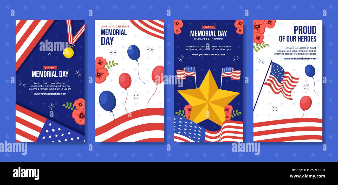 Memorial Day Social Media Stories Flat Cartoon Hand Drawn Templates ...