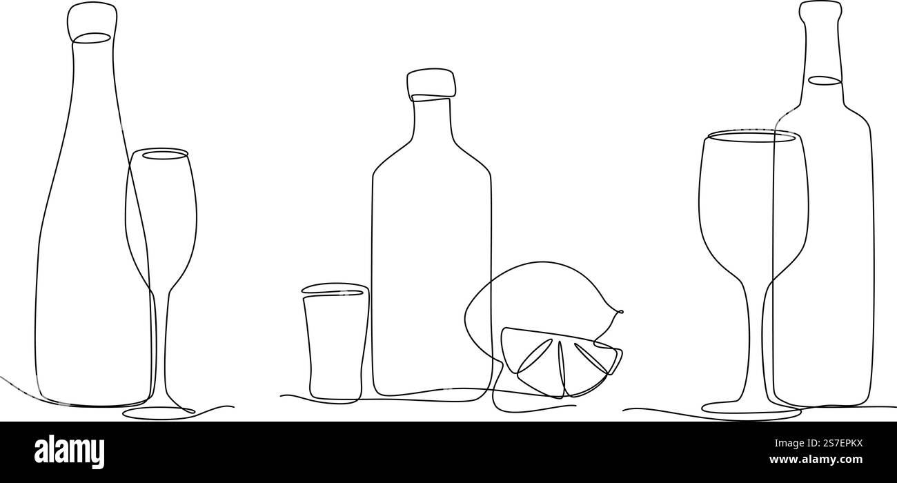 Continuous lines glass and bottles. One line champagne, wine and ...