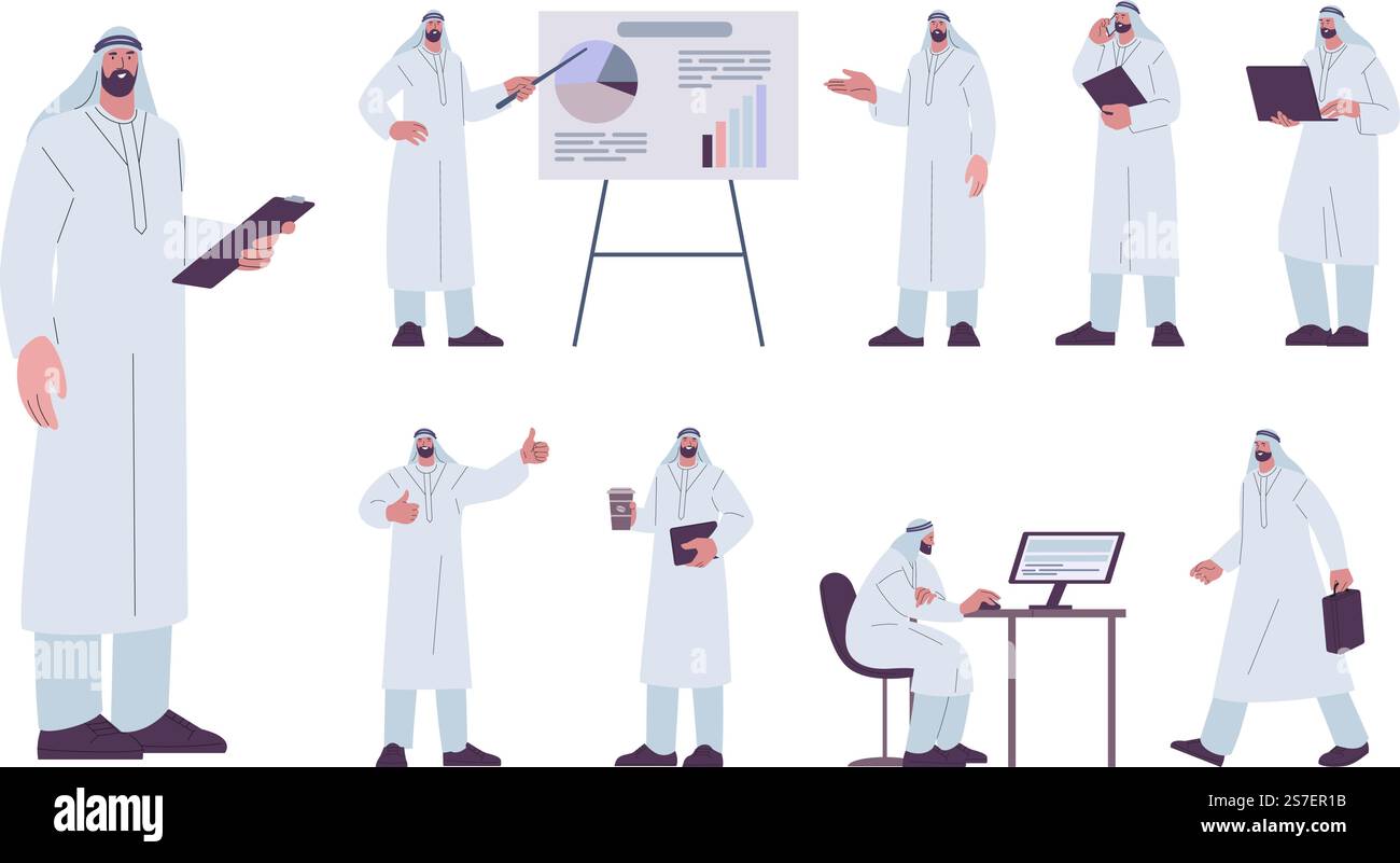 Arabian islamic male business character. Saudi man activities ...