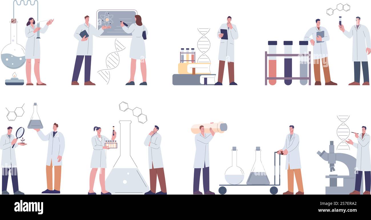 Flat science group characters. Chemist set, innovative scientist and ...