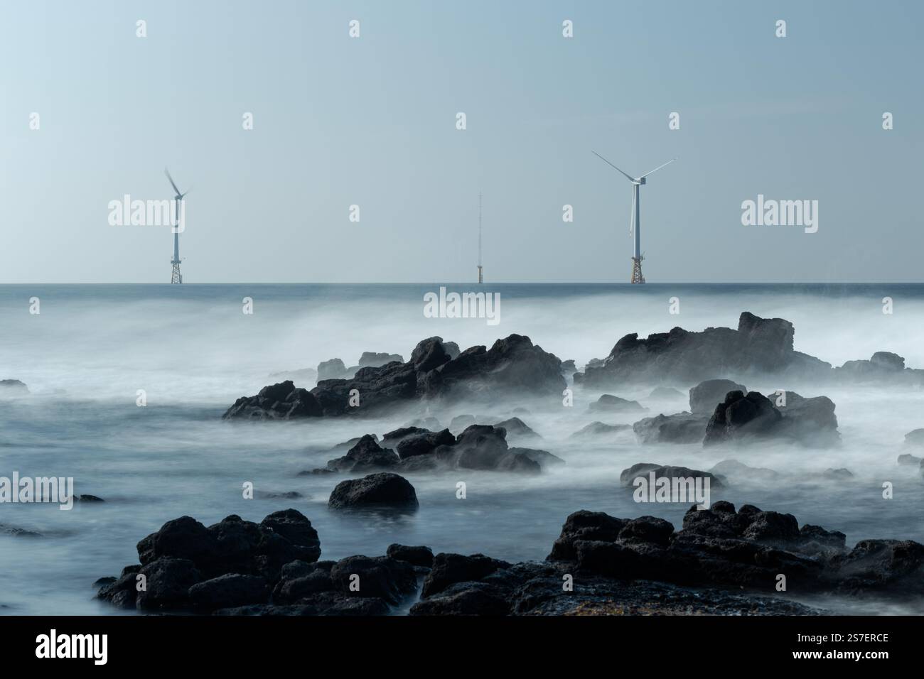Marine Wind Power Plant and Sea long Exposure Photograph with Waves ...