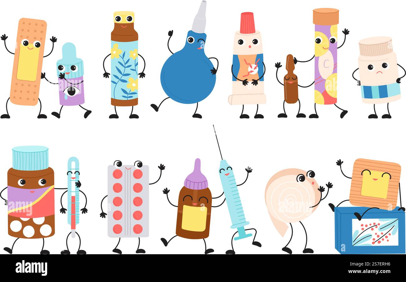 Medical pills cartoon characters. Medicine with cute faces ...