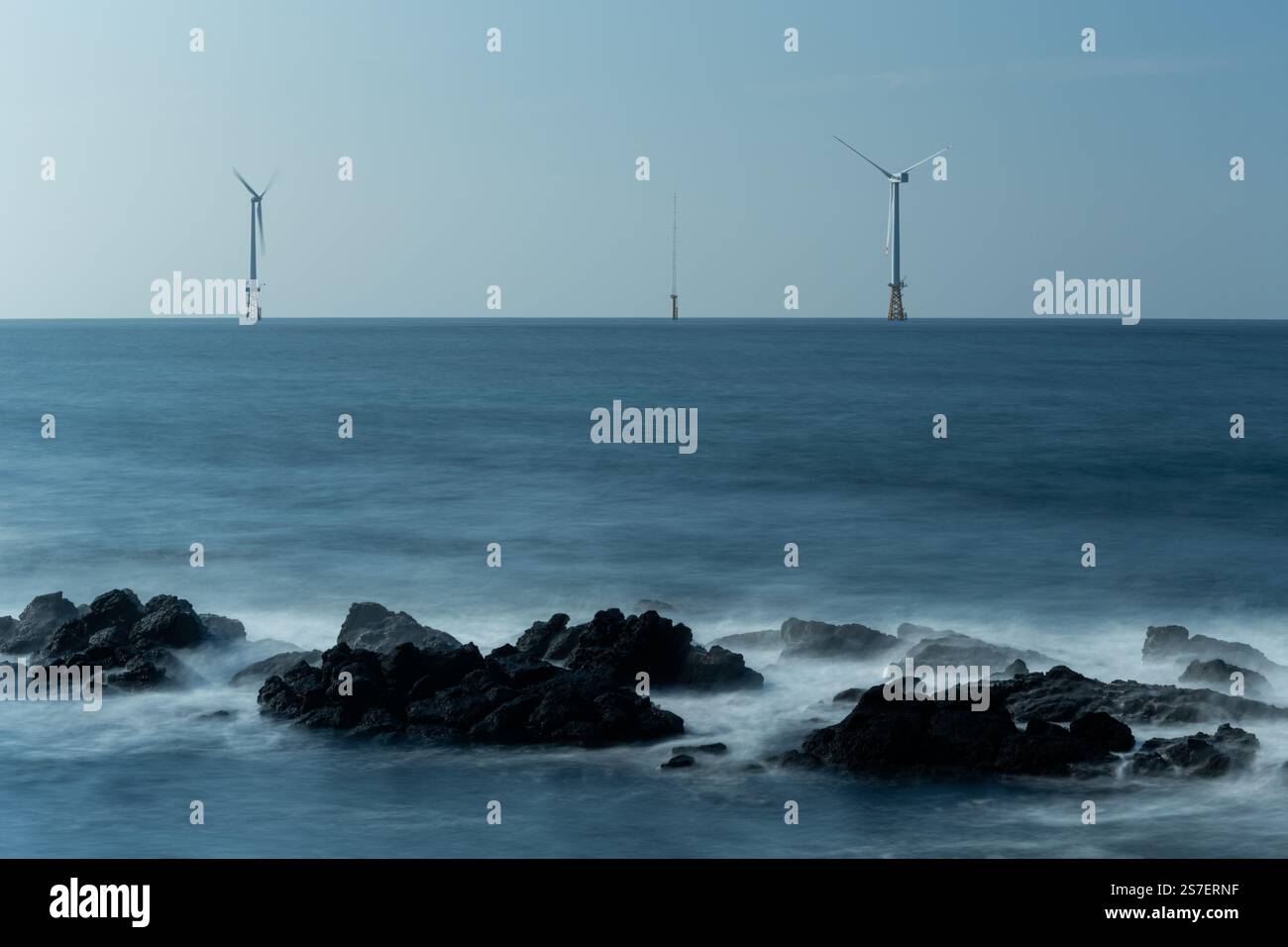 Marine Wind Power Plant and Sea long Exposure Photograph with Waves ...