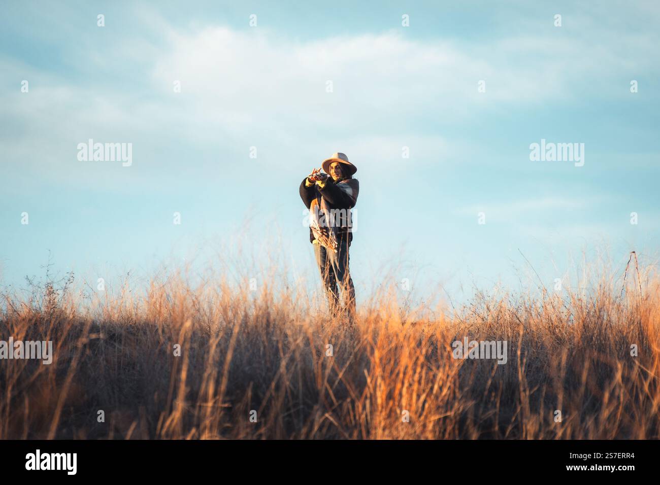 Woman traveler fly film herself with autonomous tiny selfie drone ...