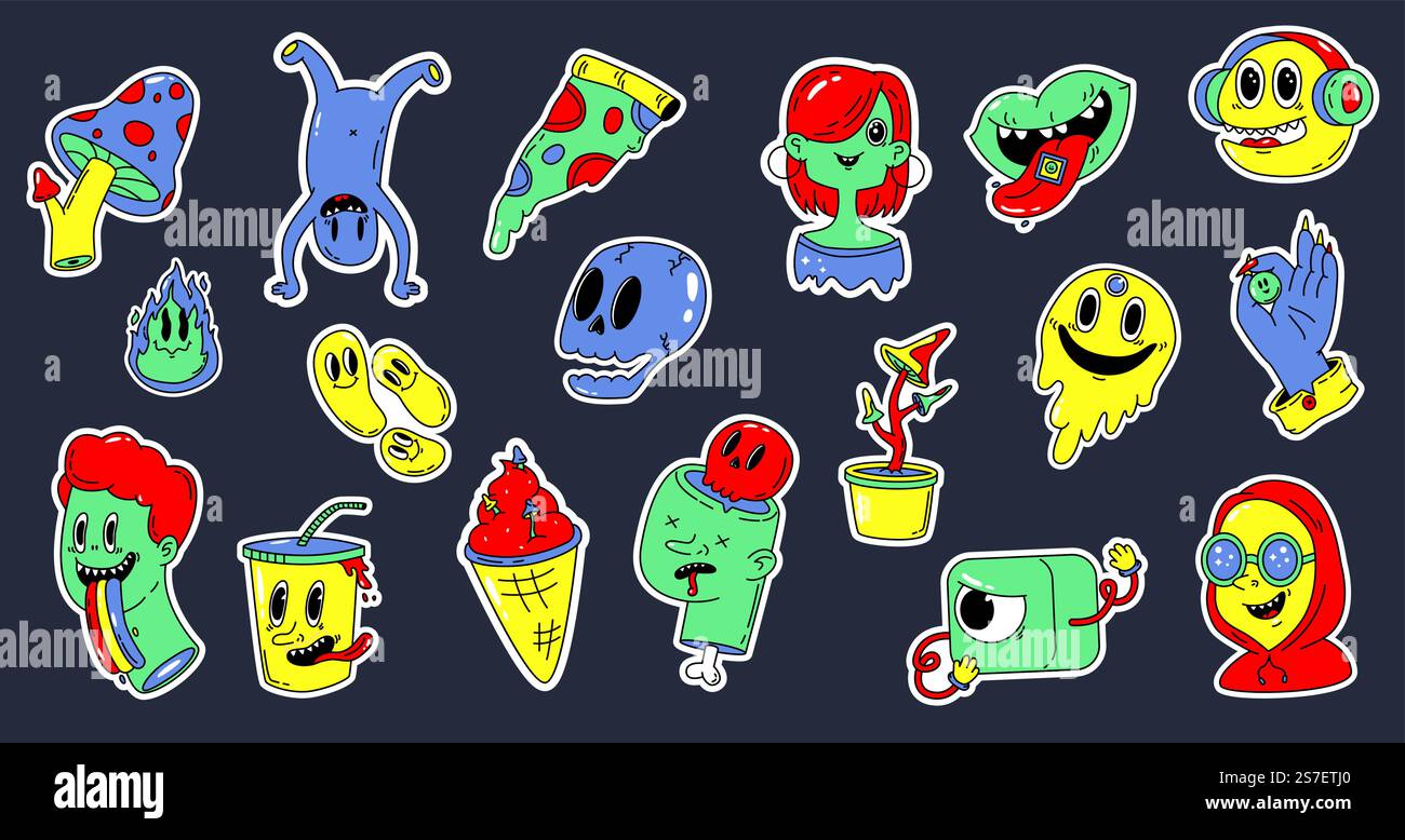 Cartoon psychedelic stickers, weird images. Groovy 70s 80s surreal neon ...