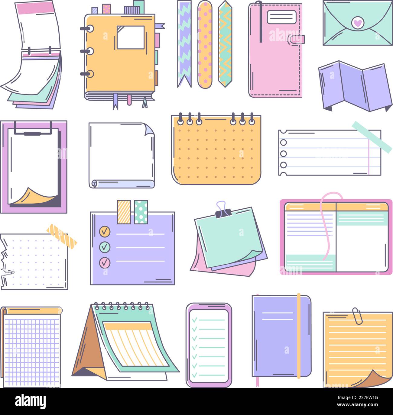 Paper sheets hand drawn stickers. Doodle planner page, draw notes ...