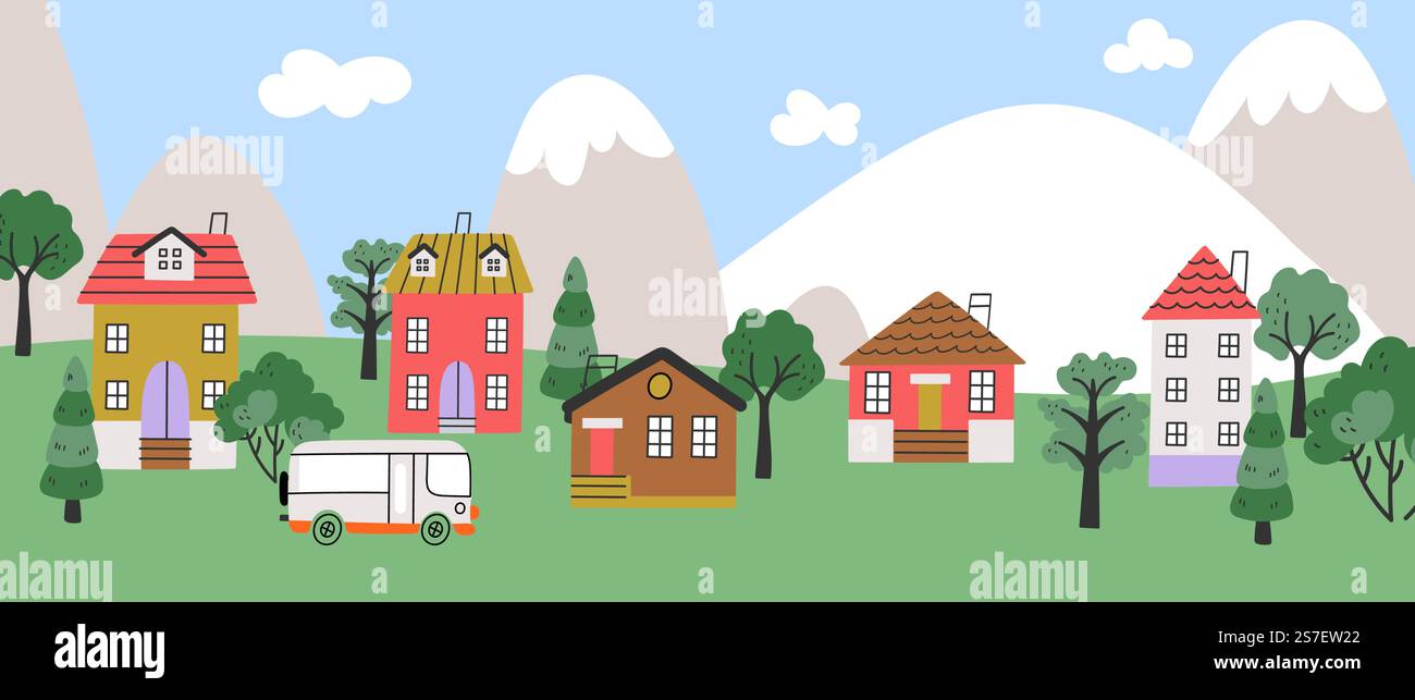 Neighborhood cartoon nature landscape, tiny houses and mountains. Rural ...