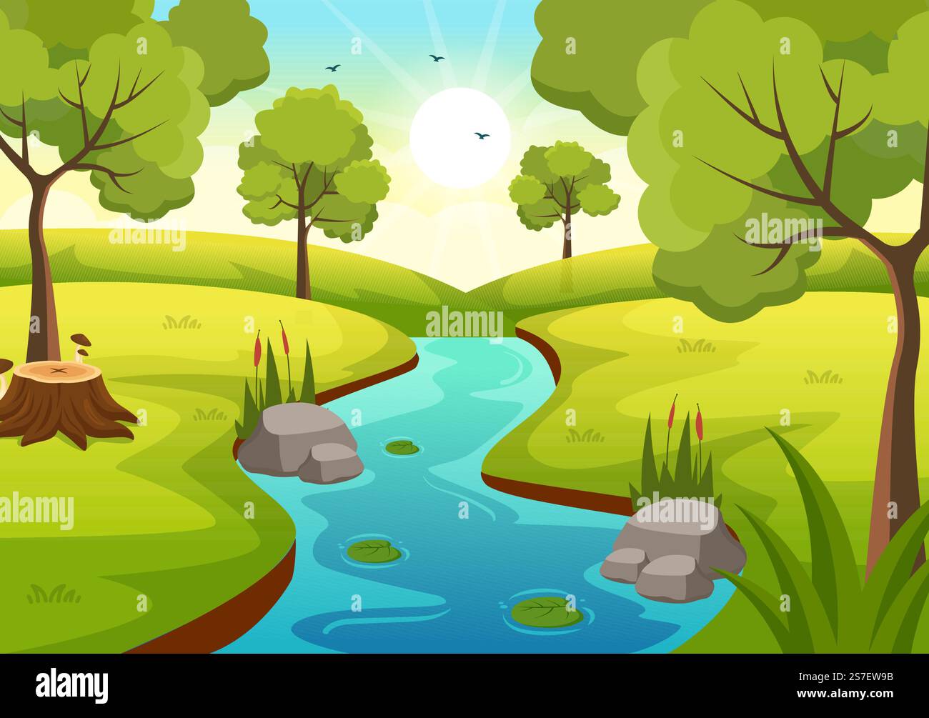 River Landscape Illustration with View Mountains, Green Fields, Trees ...