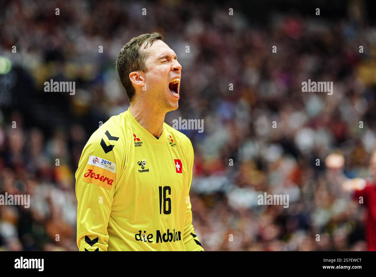 Jubel nach Parade Nikola Portner (Schweiz, #16) DEN, Polen vs. Schweiz, Handball, IHF ...
