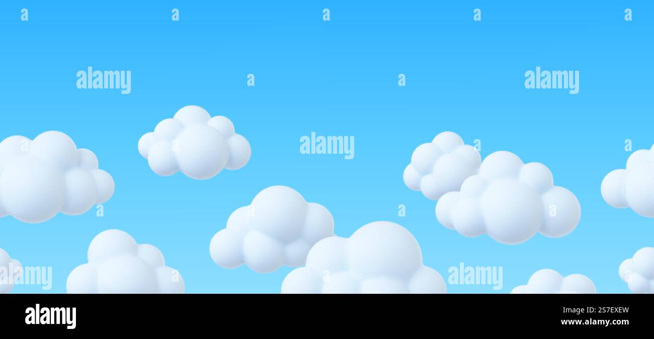 Clouds in blue sky, 3d white cloud seamless banner. Fluffy bubbles ...