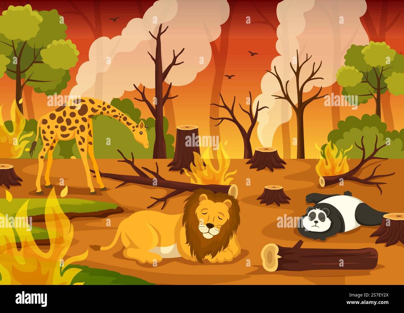 Deforestation Illustration with Tree in the Felled Forest and Burning ...