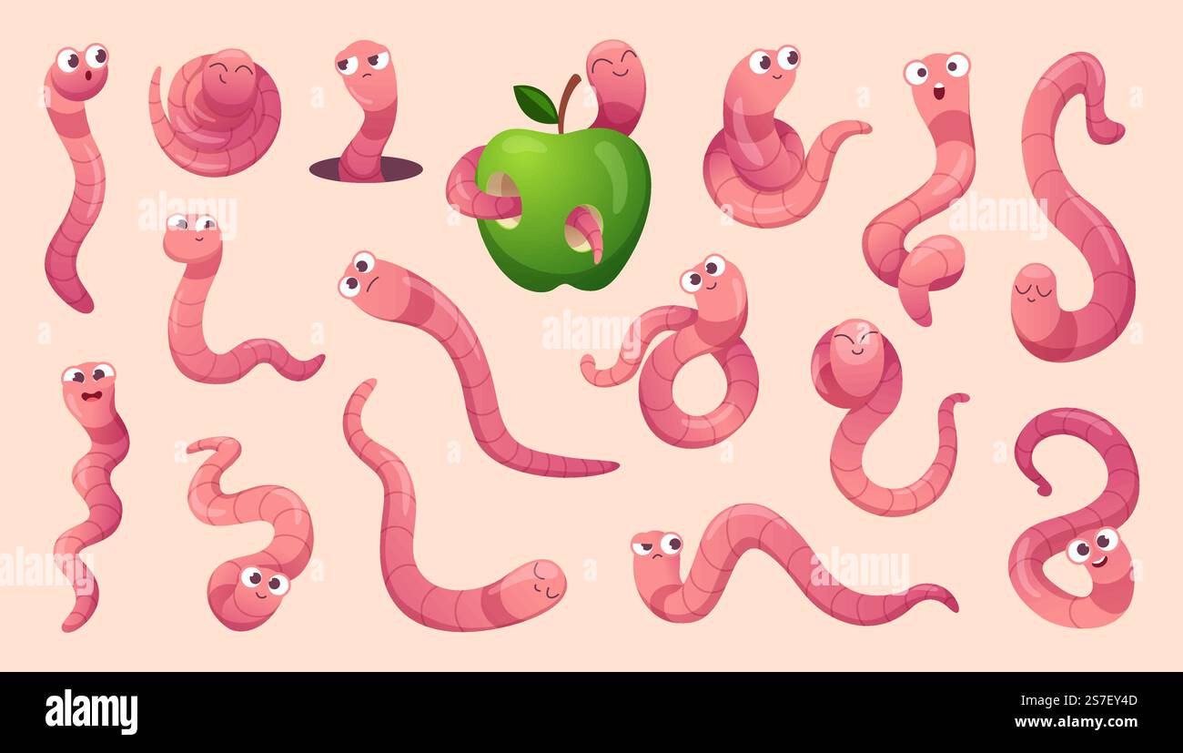 Cartoon worms. Creeping crawlers and bugs with smiling faces exact ...