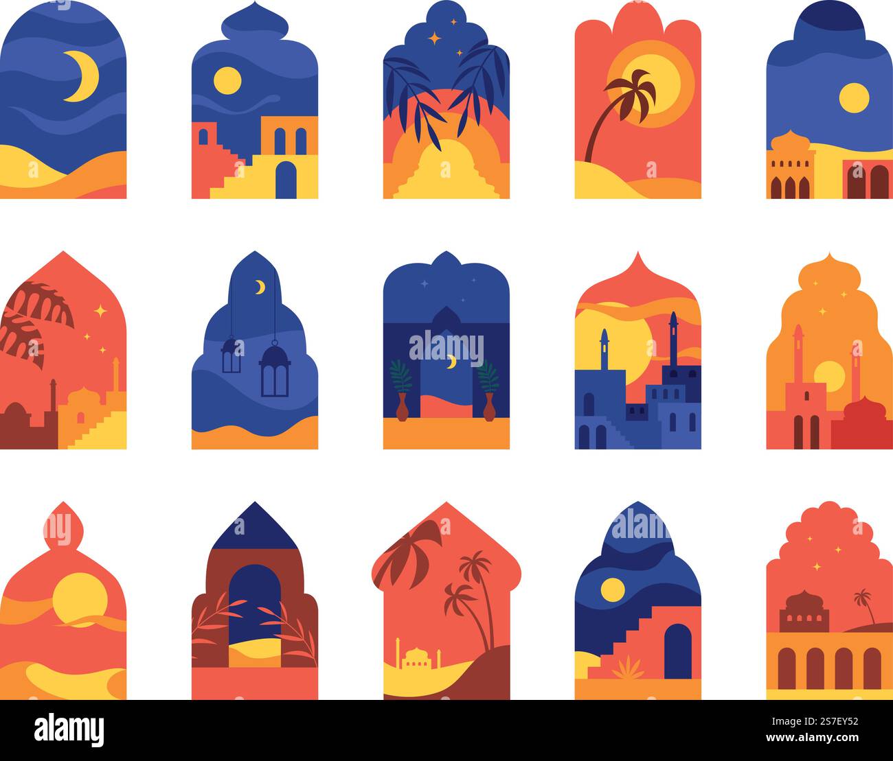 Arabic windows. Decorative oriental frames with islamic landscapes ...