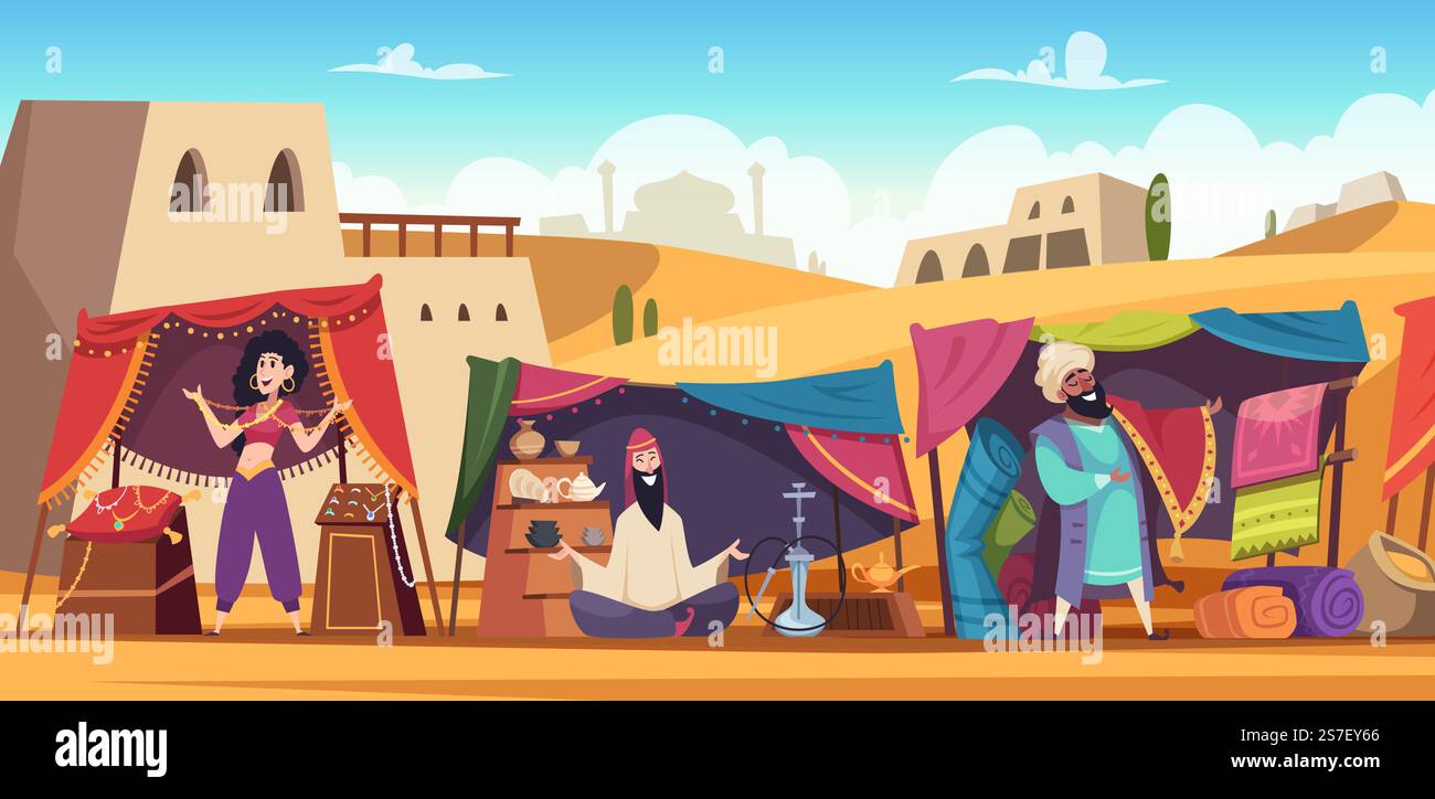 Asian marketplace background. Eastern sellers of handmade carpets ...