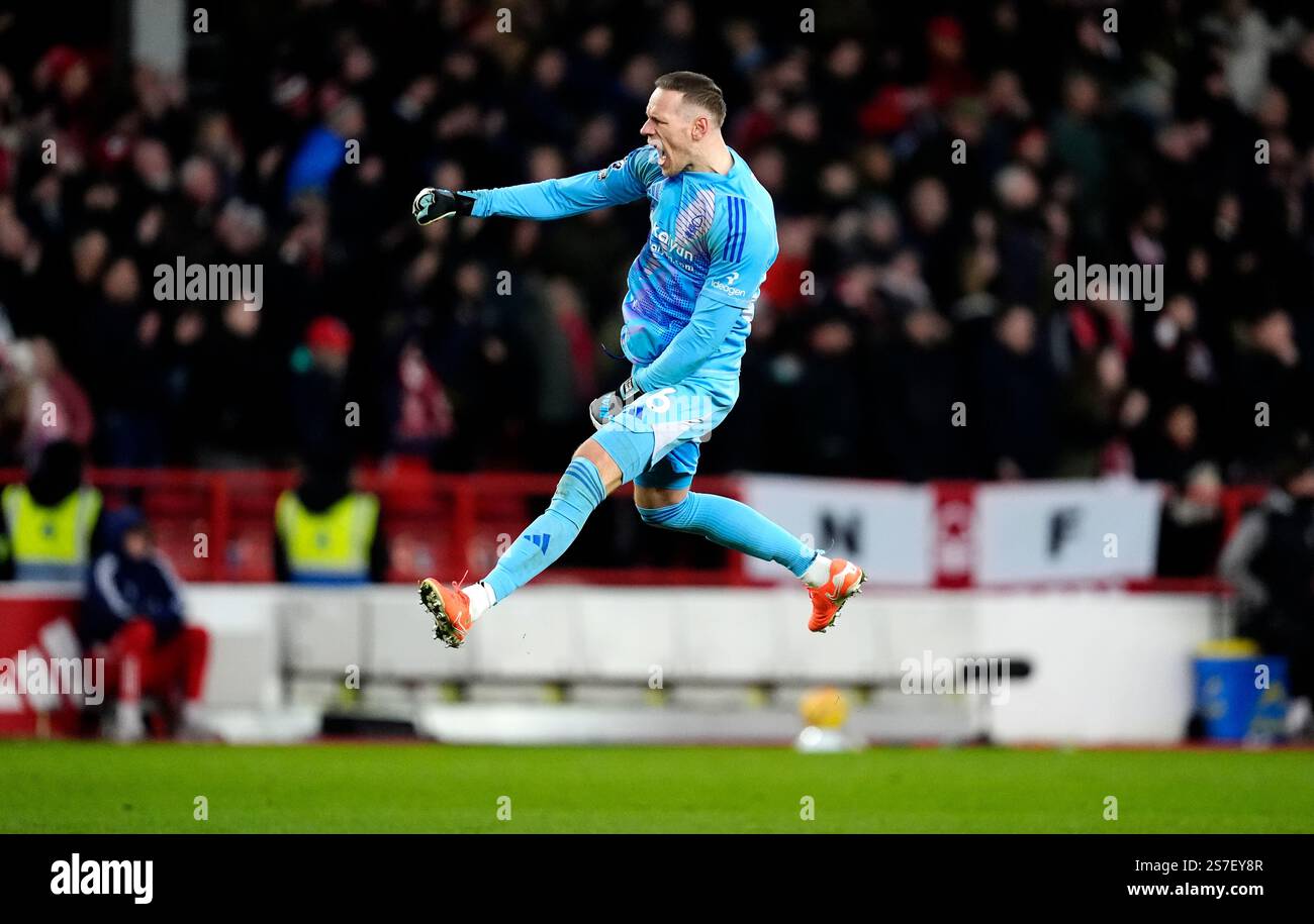 Nottingham Forest goalkeeper Matz Sels celebrates after the Premier ...