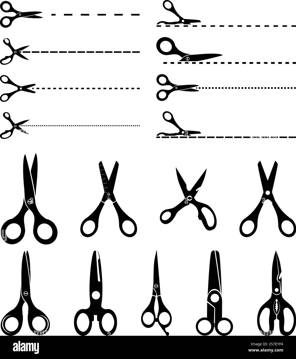 Cutoff scissors. Cut tools and cutting lines black signs isolated on ...