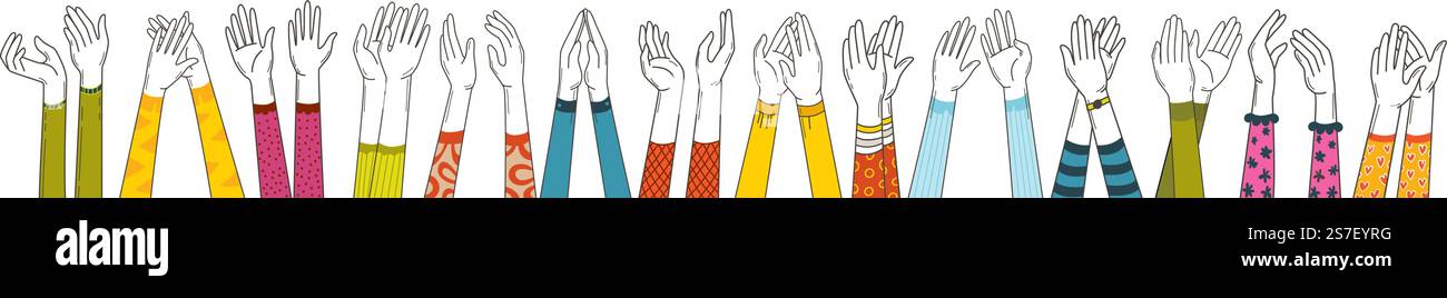 Hands clapping, doodle arm waving and thumbs up support. Applause hand ...
